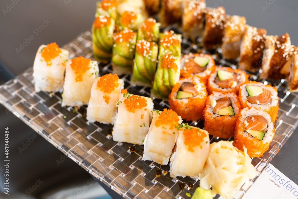 Overhead japanese sushi food. Maki ands rolls with tuna, salmon, shrimp ...