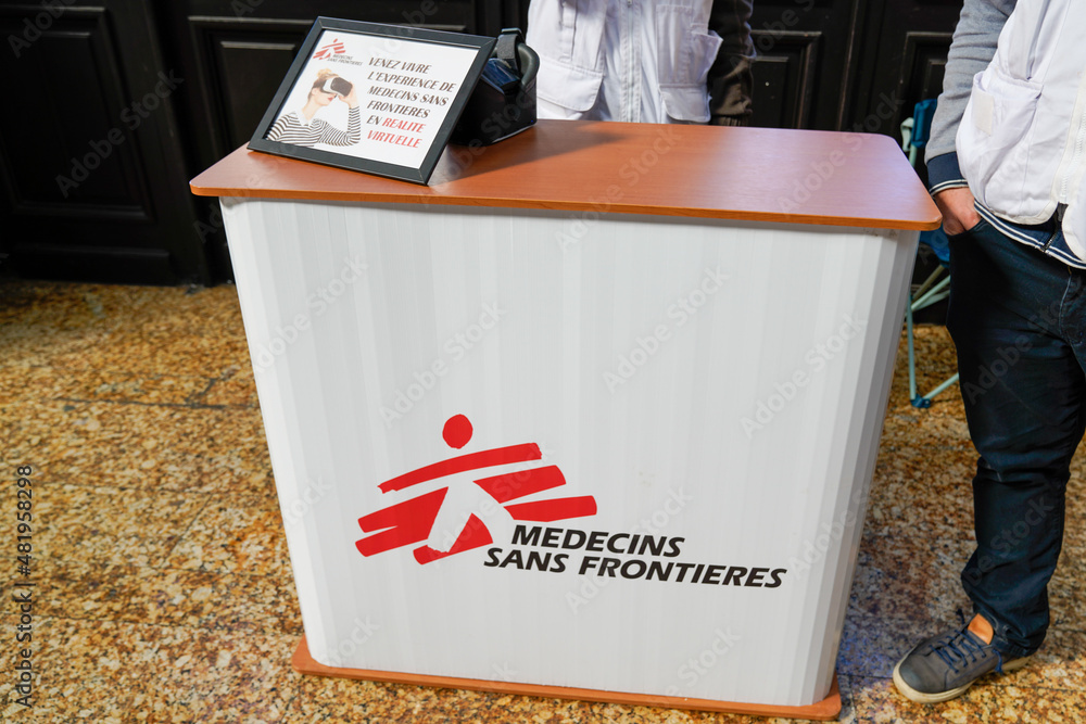 MSF logo sign welcome stand and presentation for Medecins Sans ...