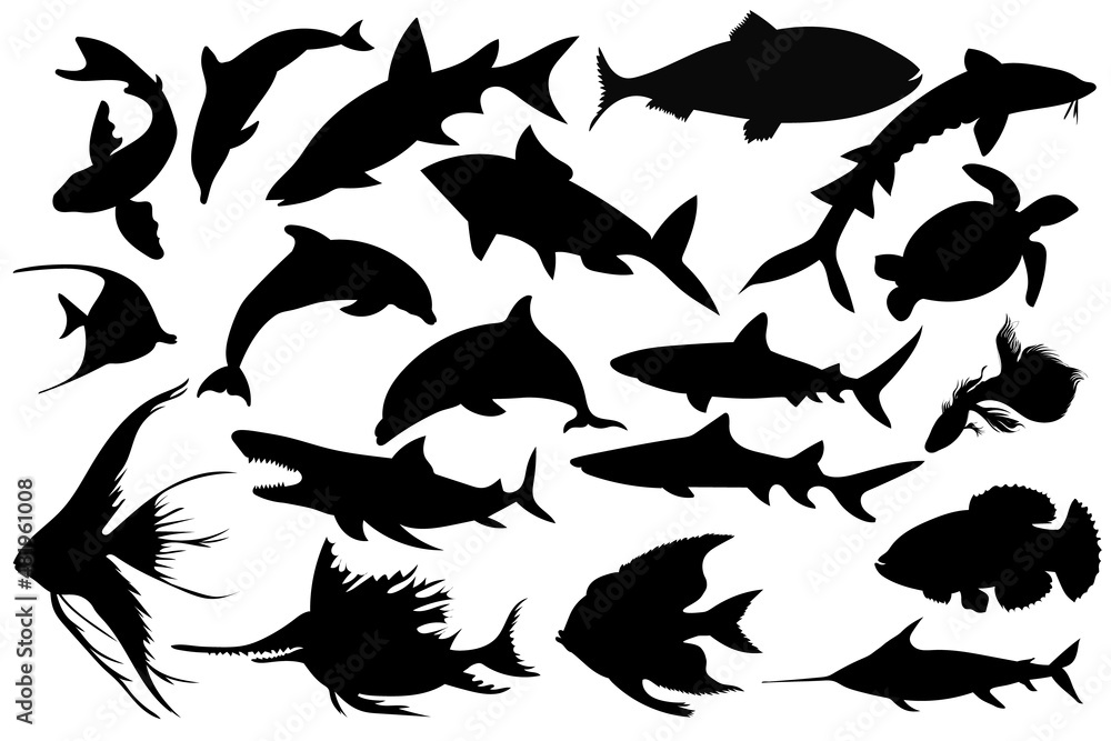 Fish silhouettes set vector. Collection sea and lake fishes hand ...