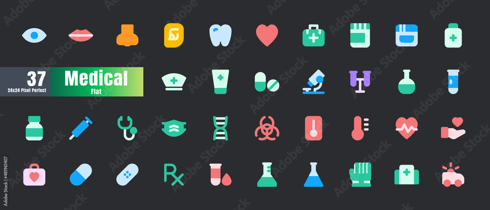 24x24 Pixel Perfect. Basic Medical Healthcare Essential Set. Flat Color ...