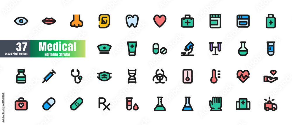 24x24 Pixel Perfect. Basic Medical Healthcare Essential Set. Filled ...