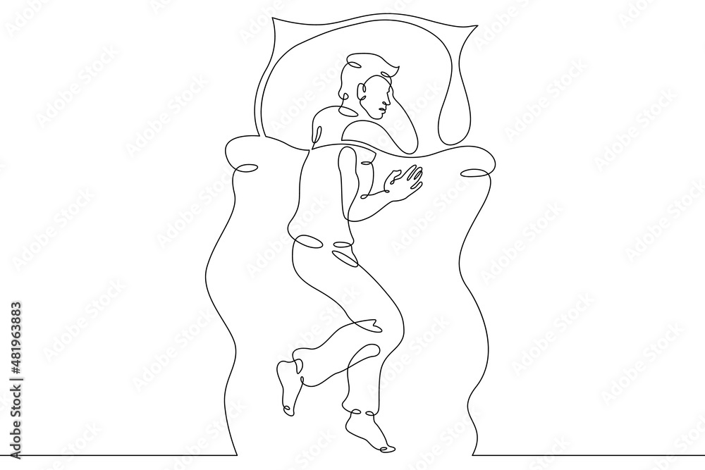 One continuous line.Man sleeps on a pillow under a blanket.Sleeping man ...