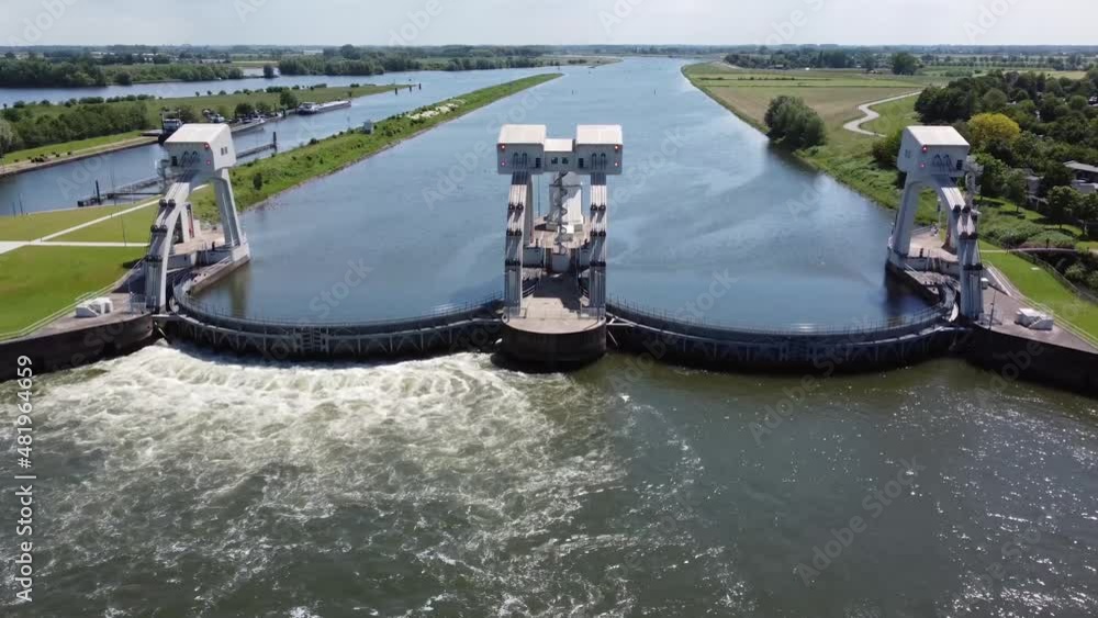 Aerial close up view of modern water channel controller controlled at ...
