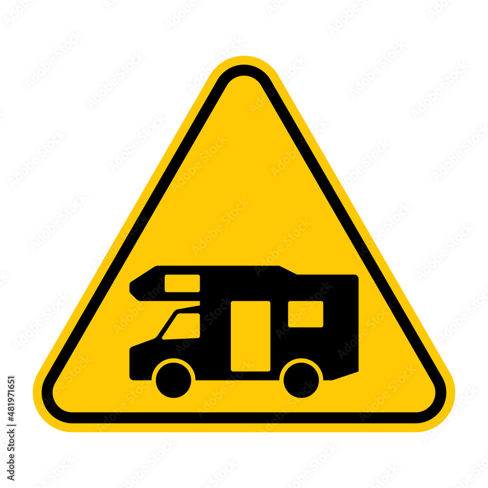 Motor caravan campsite road warning sign. Vector illustration of yellow ...