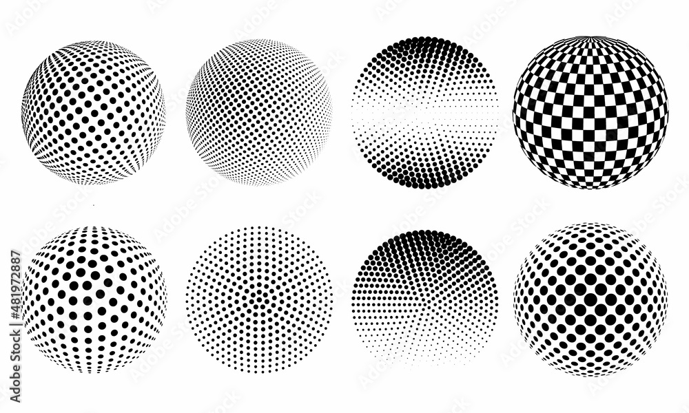 Set of white 3D vector halftone circle ,sphere with squares Half tone ...