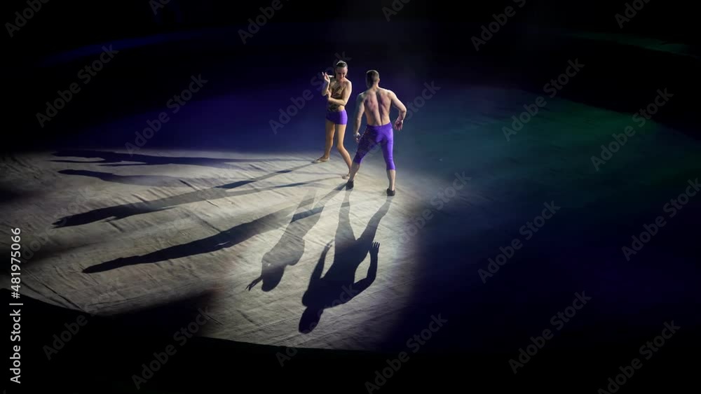 A duo of gymnasts arrange acrobatic performances. Circus artists create ...