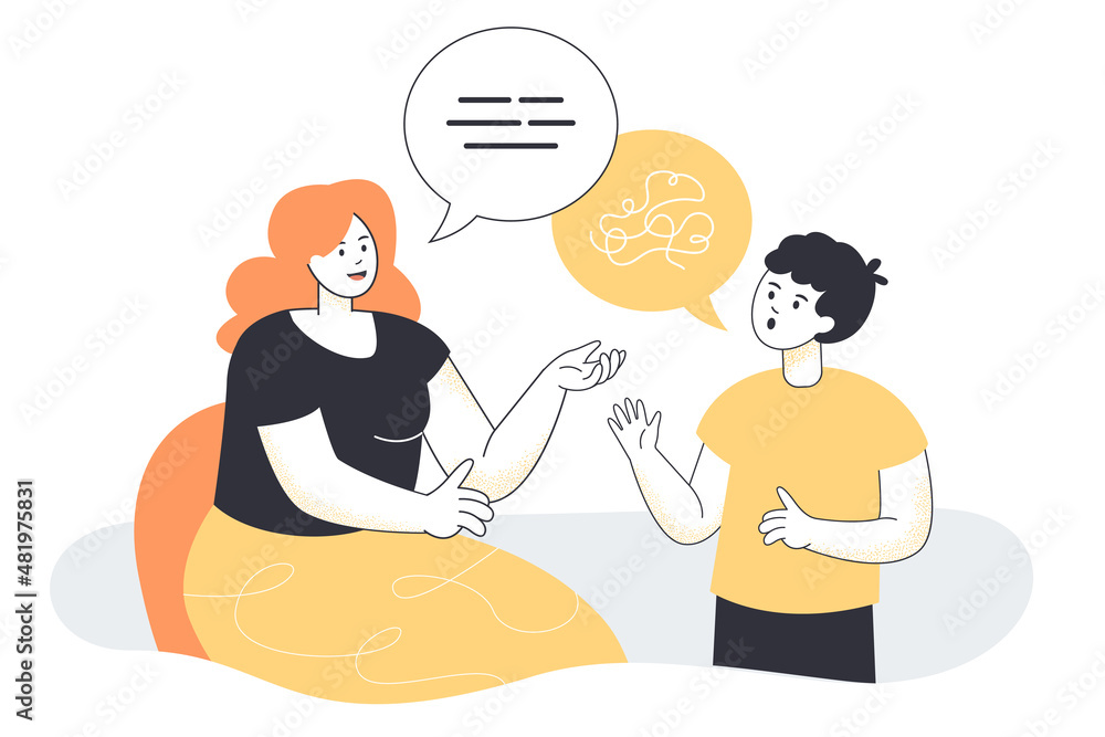 Cartoon pathologist correcting speech of child. Therapist teaching kid ...