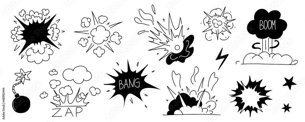 Comic explosion set. Bomb explosion, meteorite fall, smoke cloud and ...