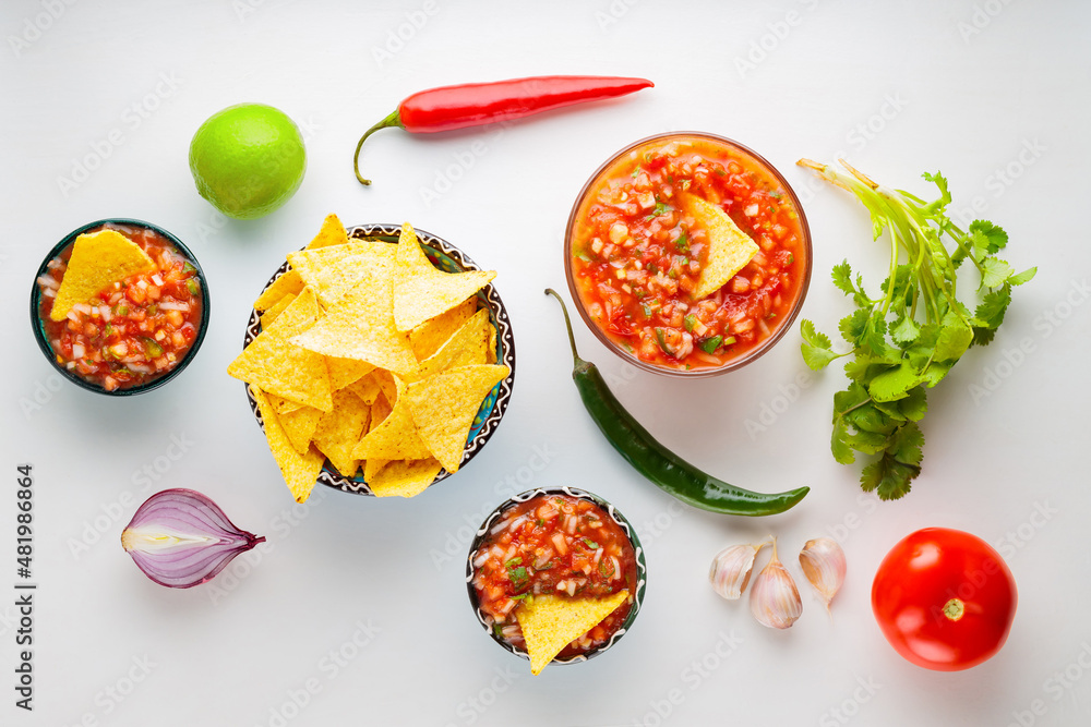 Salsa sauce and ingredients. Mexican homemade salsa sauce and nacho ...
