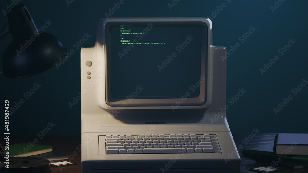 Old personal computer or PC zooming out. Source code running on screen ...