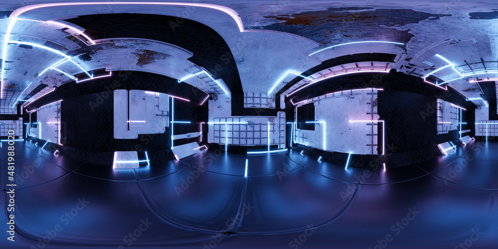 360 degree panorama of neon light industrial basement room with cyber ...