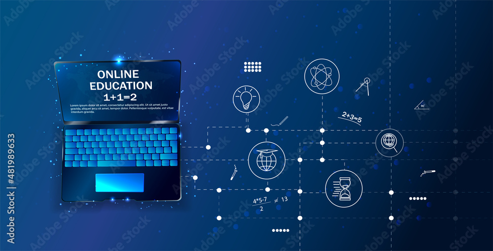 Digital Vector illustration. Low poly wireframe online education blue ...