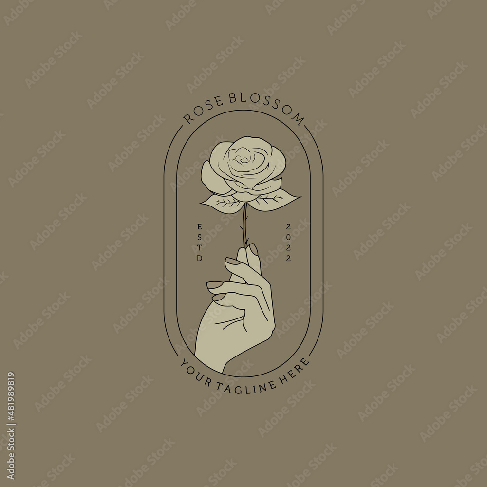 Hand Drawn Feminine Rose and Hand Logo Vector. Floral logo design in ...