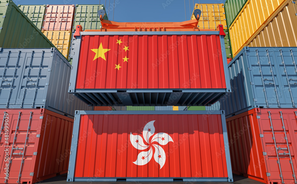 Freight containers with Hong Kong and China national flags. 3D ...