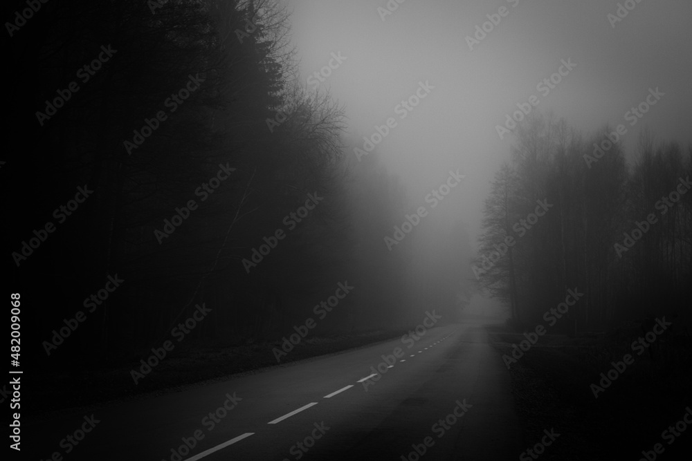 asphalt road with white dividing line in massive fog runs througd dark ...