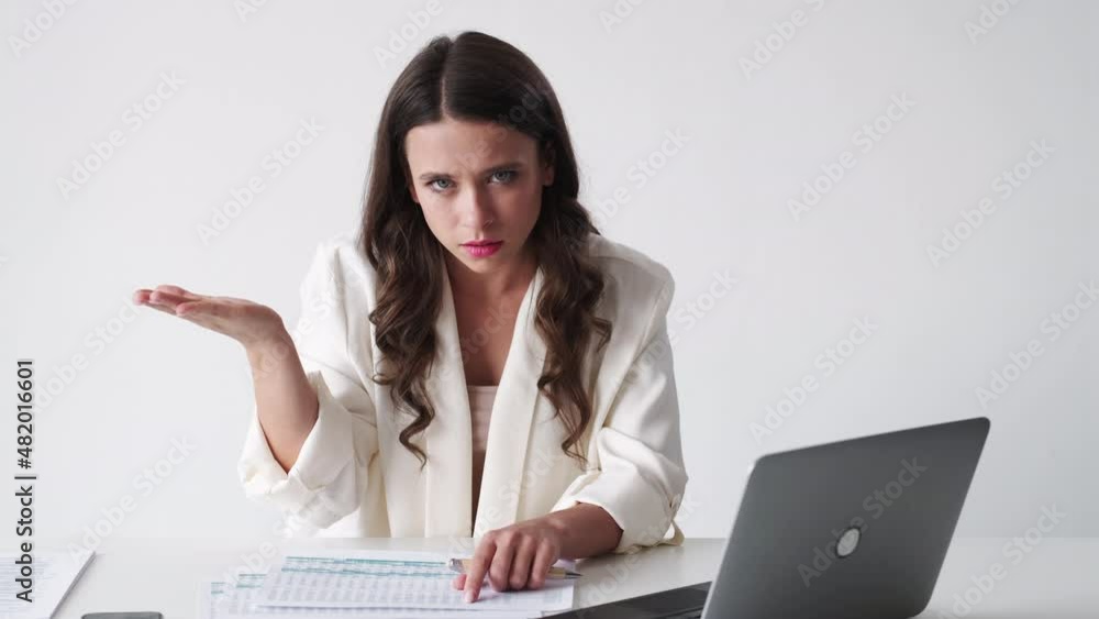 Stupid gesture. Blaming chief. Meme expression. Accusing woman beating ...