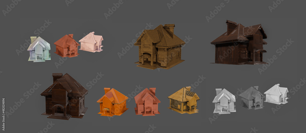 3d set of hut house rendered from different angles with different ...