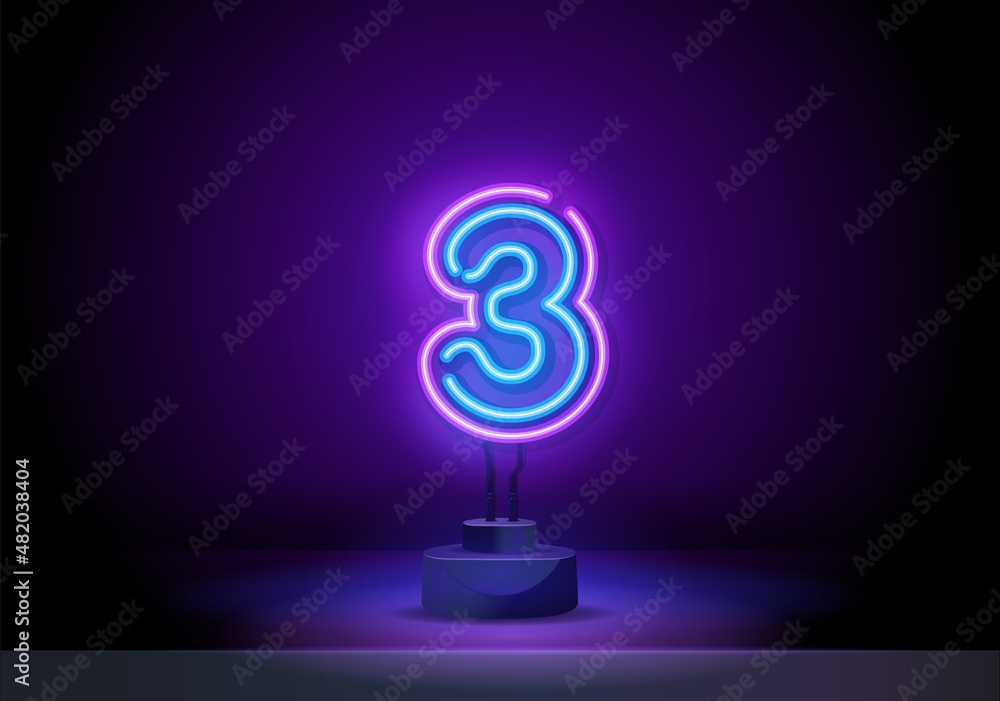 Neon city font sign number 3, signboard three. Number three symbol neon ...