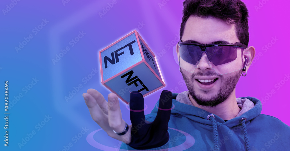 NFT word on object technology of the digital cyber universe in hand ...