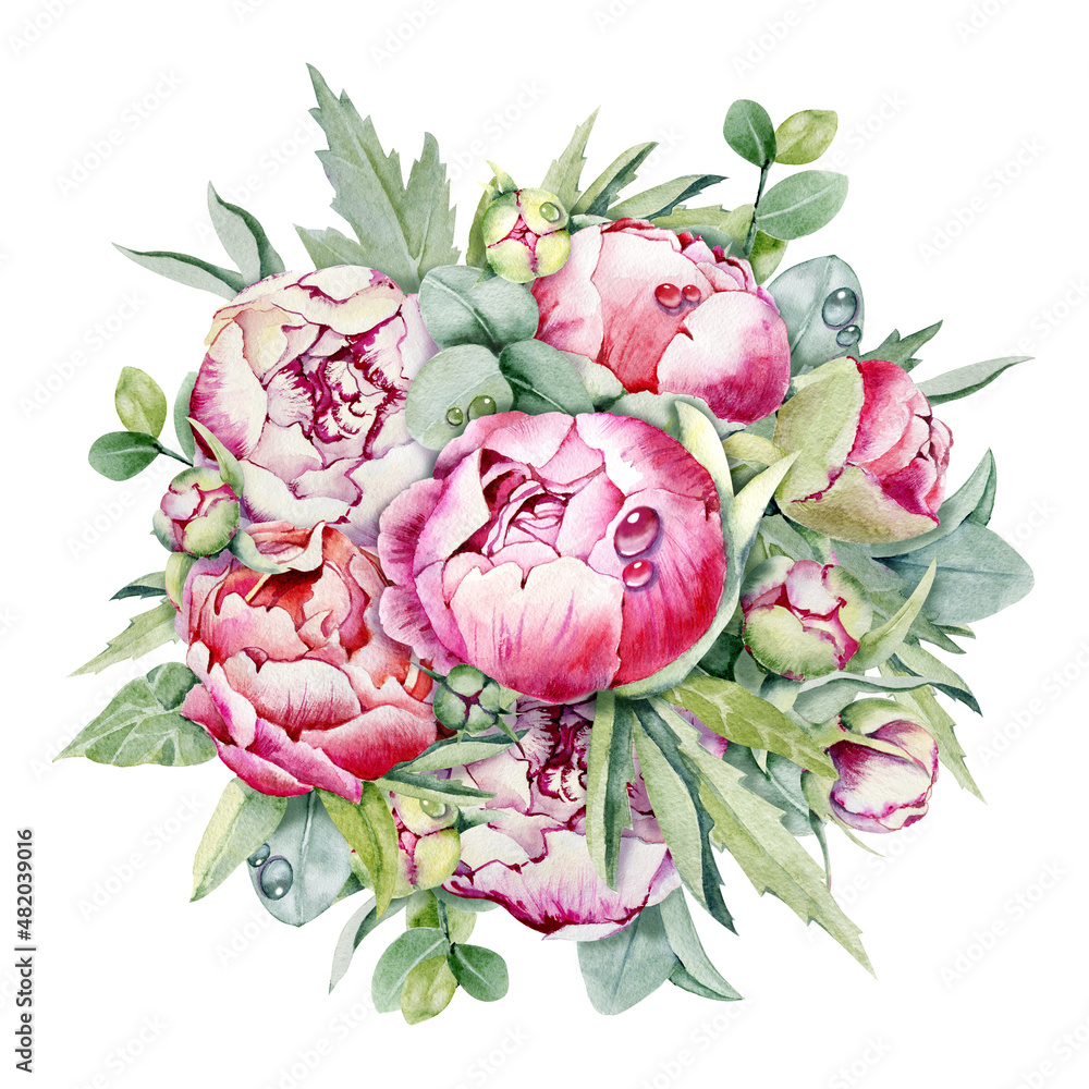 Bouquet of peonies, round floral frame, wreath. Hand drawn watercolor ...