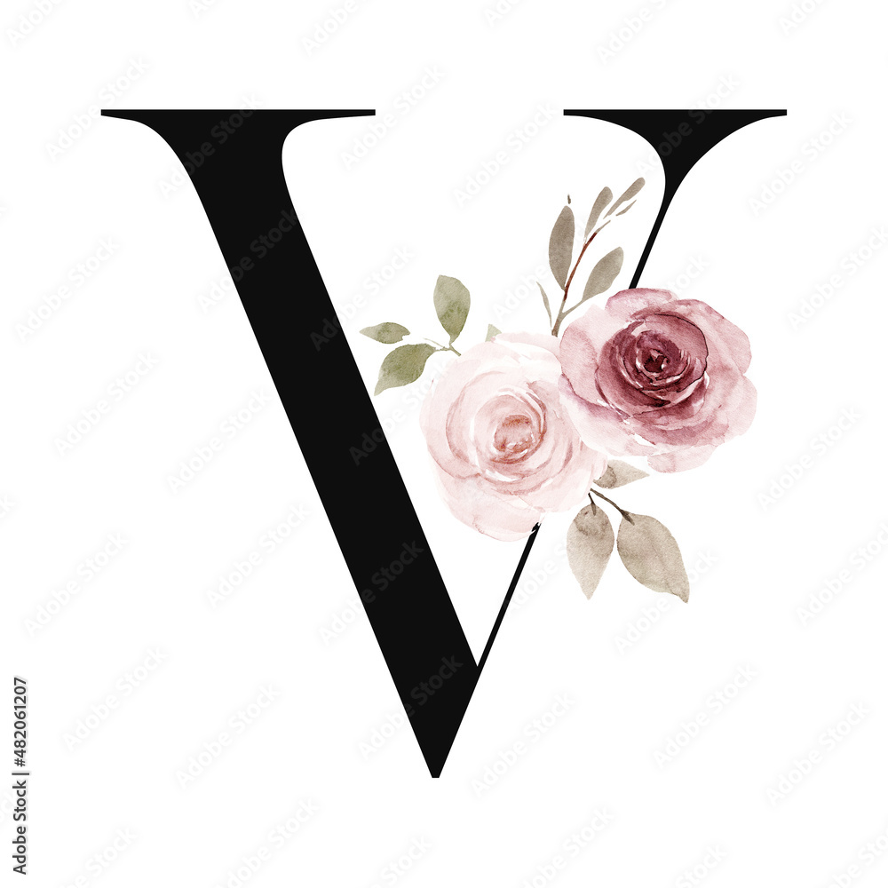 Monogram, letter v with watercolor flowers and leaf. Alphabet perfectly ...