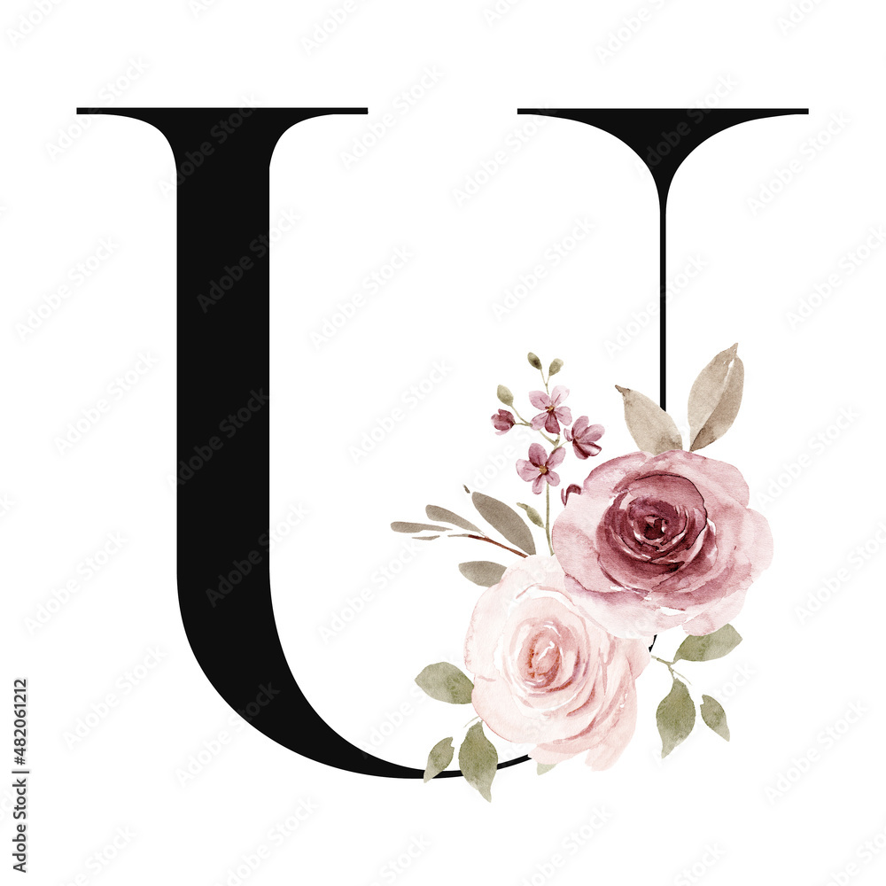 Monogram, letter u with watercolor flowers and leaf. Alphabet perfectly ...
