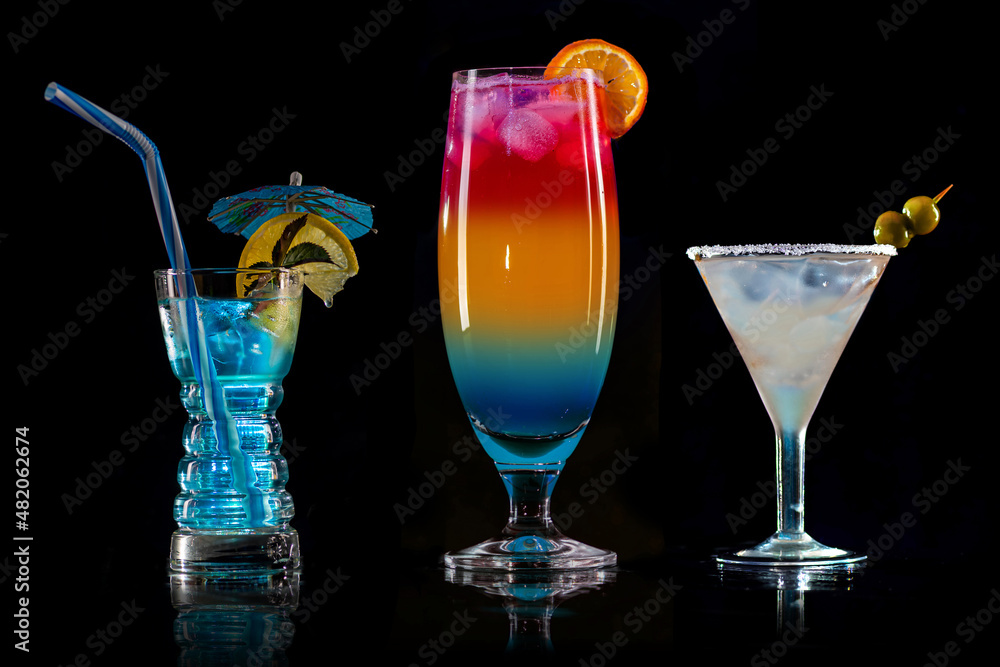 Cocktail Blue Lagoon, ice on bar counter in a restaurant, pub. Fresh ...