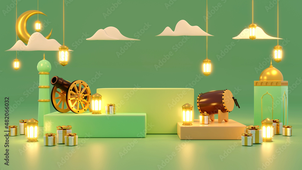 Islamic product display mock up. Podium, crescent moon, lantern, gift ...