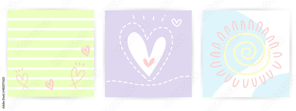 Set 3 pf cute pastel square cards with hand draw doodle line art in ...