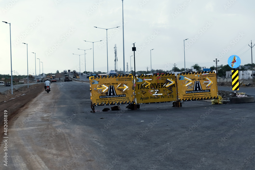 Traffic Safety by Yellow and Black Color Barrier Block at Road ...