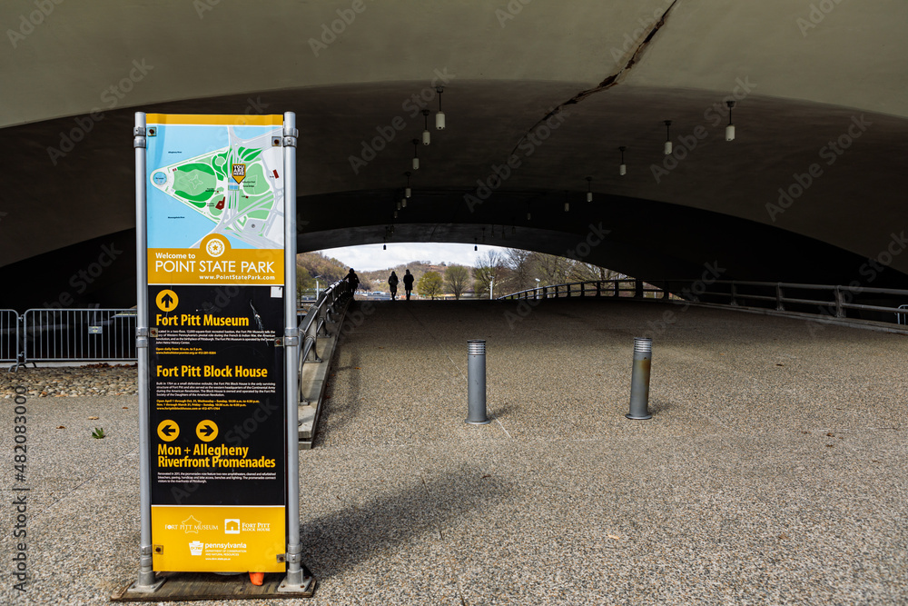 Pittsburgh, PA - April 2, 2021: Directions sign and map for Point State ...