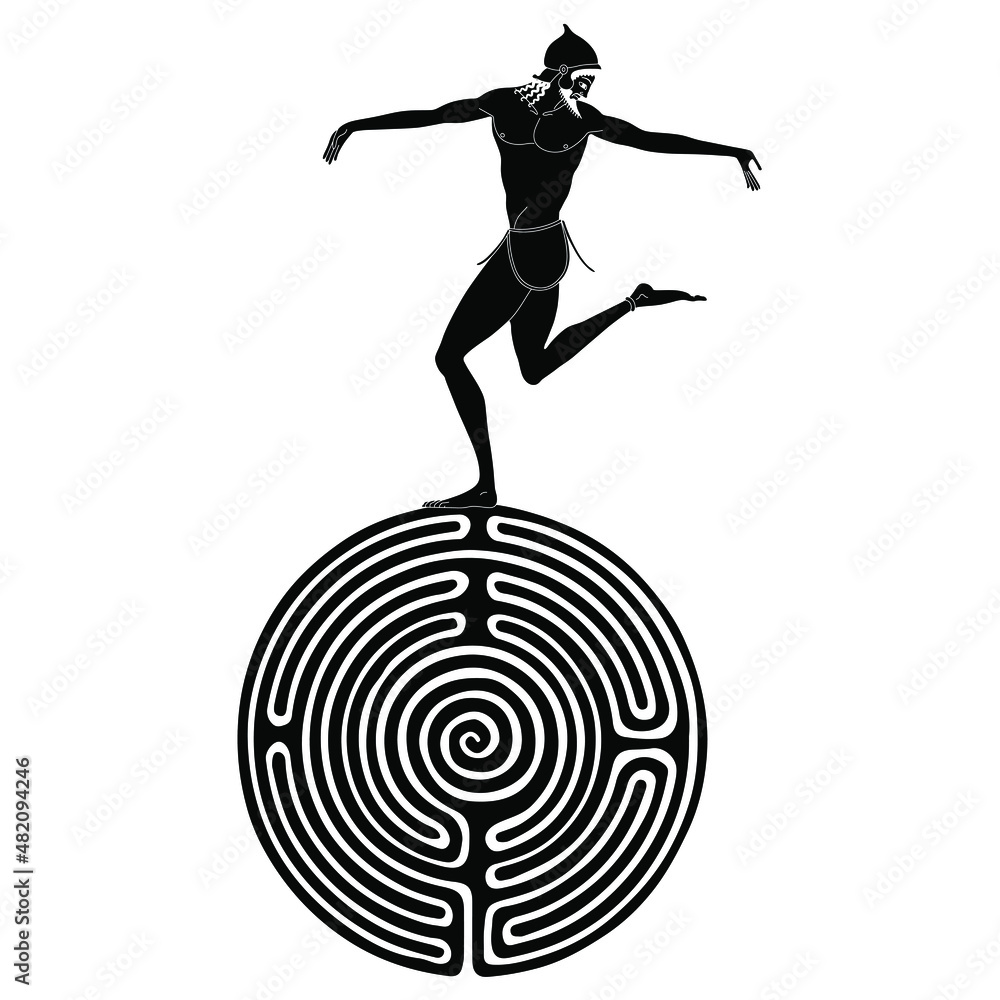 Ancient Greek man dancing on top of a round spiral maze or labyrinth ...