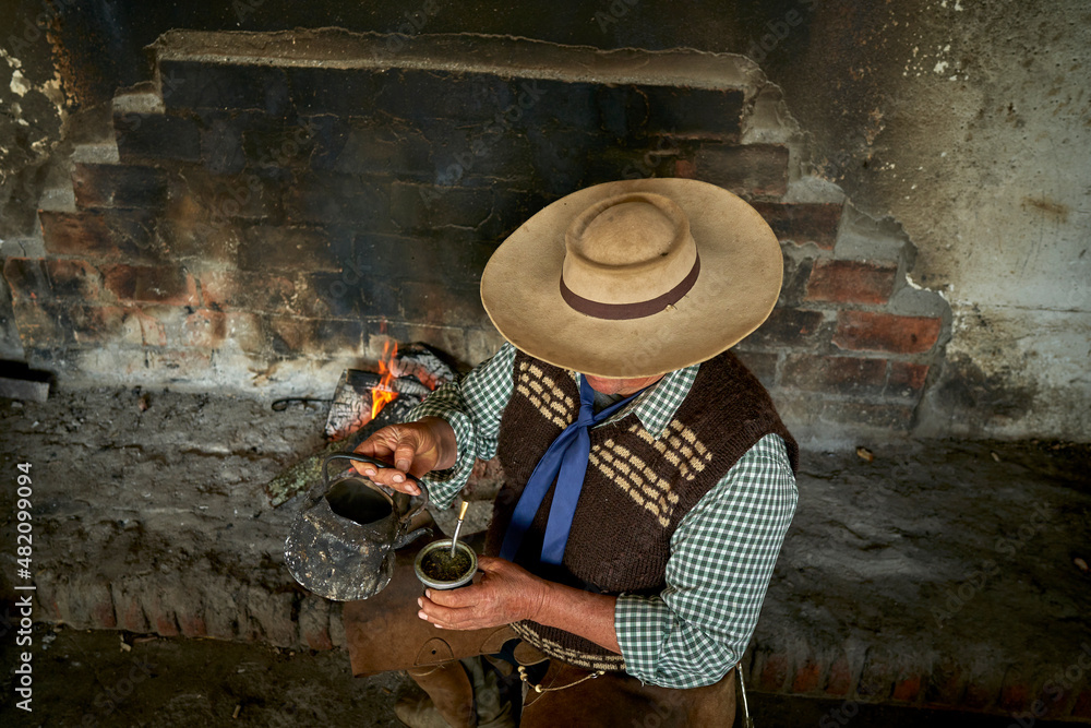 Mate in a traditional calabash gourd, dried leaves of yerba mate ...