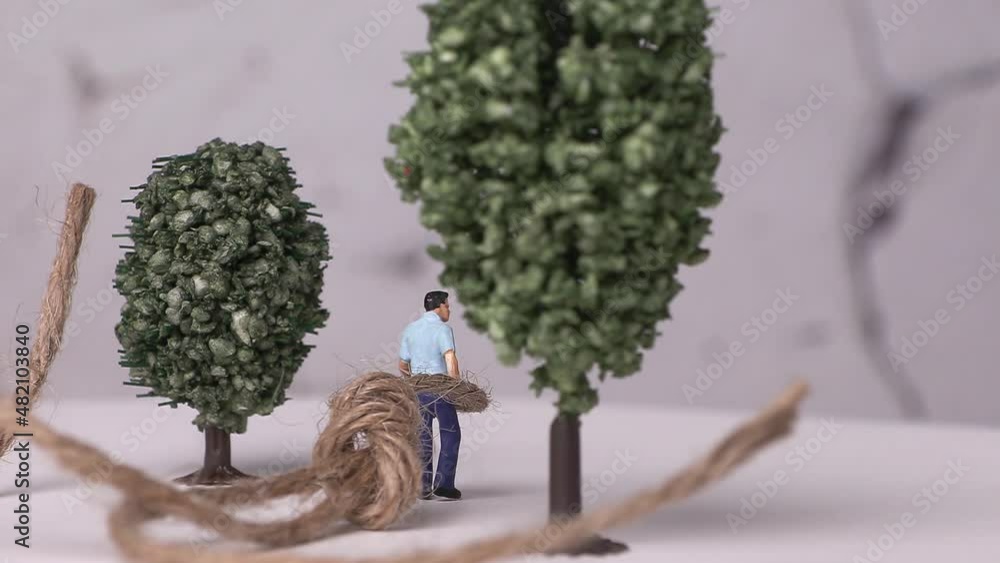 A miniature man tied to a miniature tree and rope. Concept of gender ...