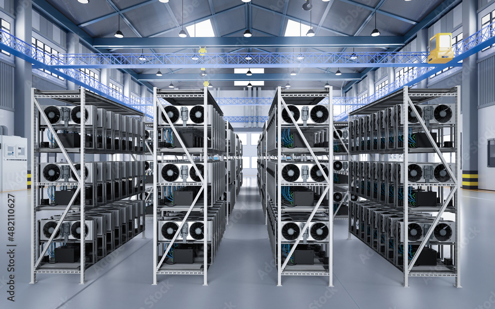 crypto mining farm with graphic card or gpu rack in warehouse Stock ...
