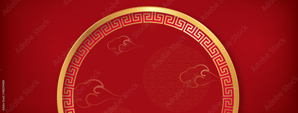 Red Chinese new year banner background with traditional line art and ...