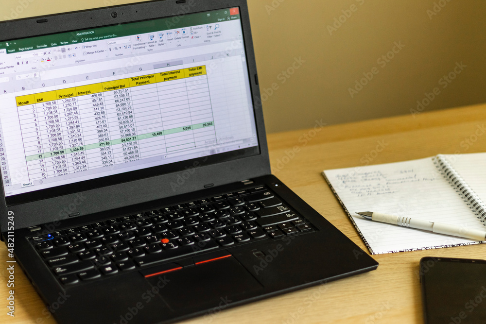 Shot of an excel sheet on computer screen showing bank loan ...