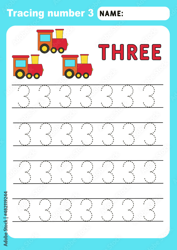 Writing practice number three printable worksheet for kids to improve ...