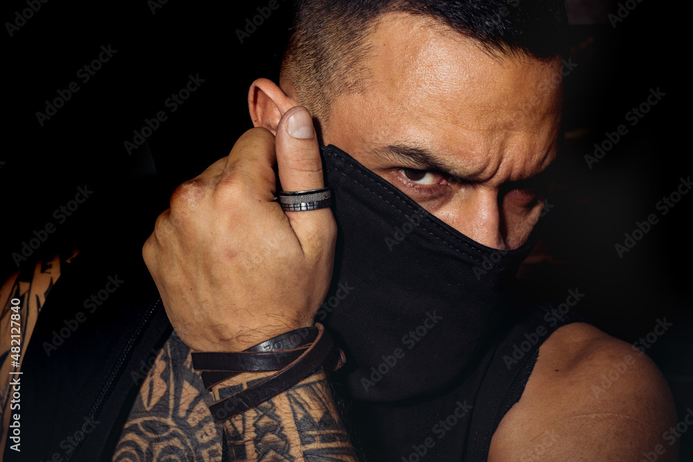 Brutal man, handsome serious male model. Close up portrait of guy with ...