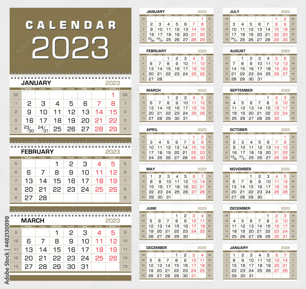 Calendar 2023. Wall quarterly calendar with week numbers. Week start ...