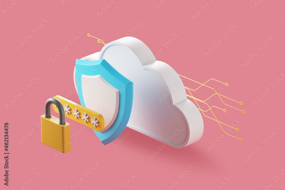 White cloud, yellow padlock, blue protection shield and pink background ...
