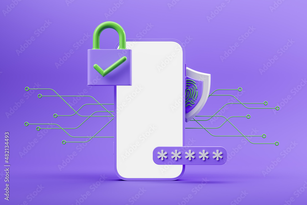 Mock up screen of smart phone, violet padlock with green check mark and ...