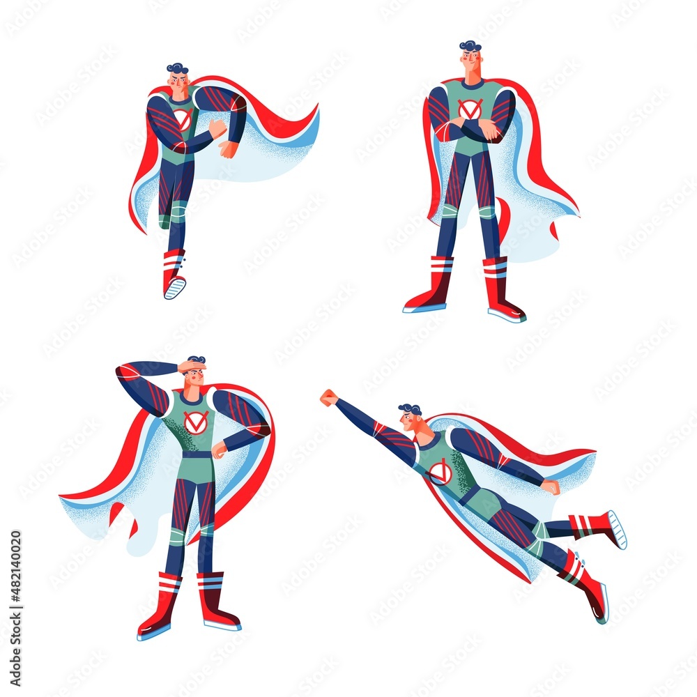 Superhero in costumes set. Cartoon comic heroes with capes vector ...