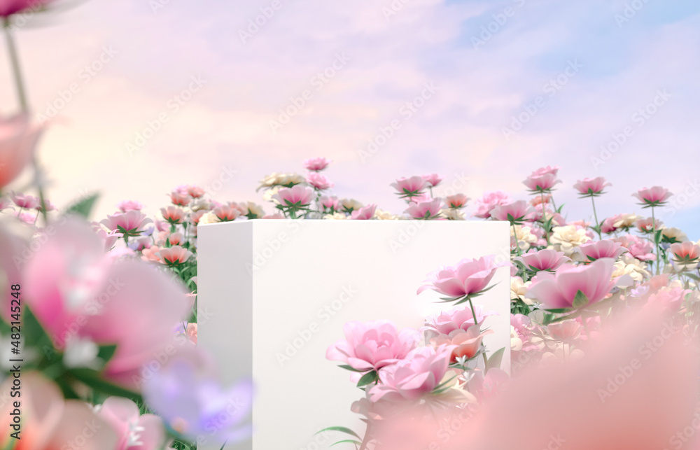 Natural beauty podium backdrop with spring rose flower field scene. 3d ...