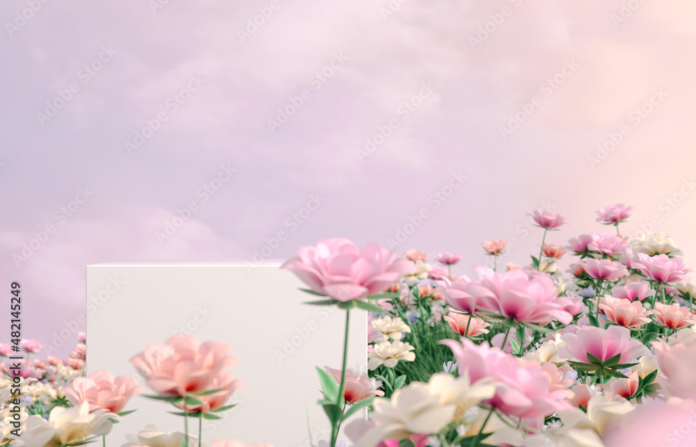 Natural beauty podium backdrop with spring rose flower field scene. 3d ...
