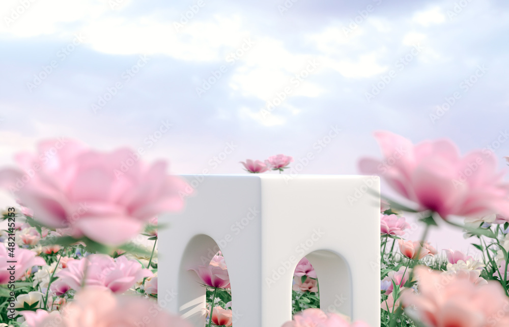 Natural beauty podium backdrop with spring rose flower field scene. 3d ...