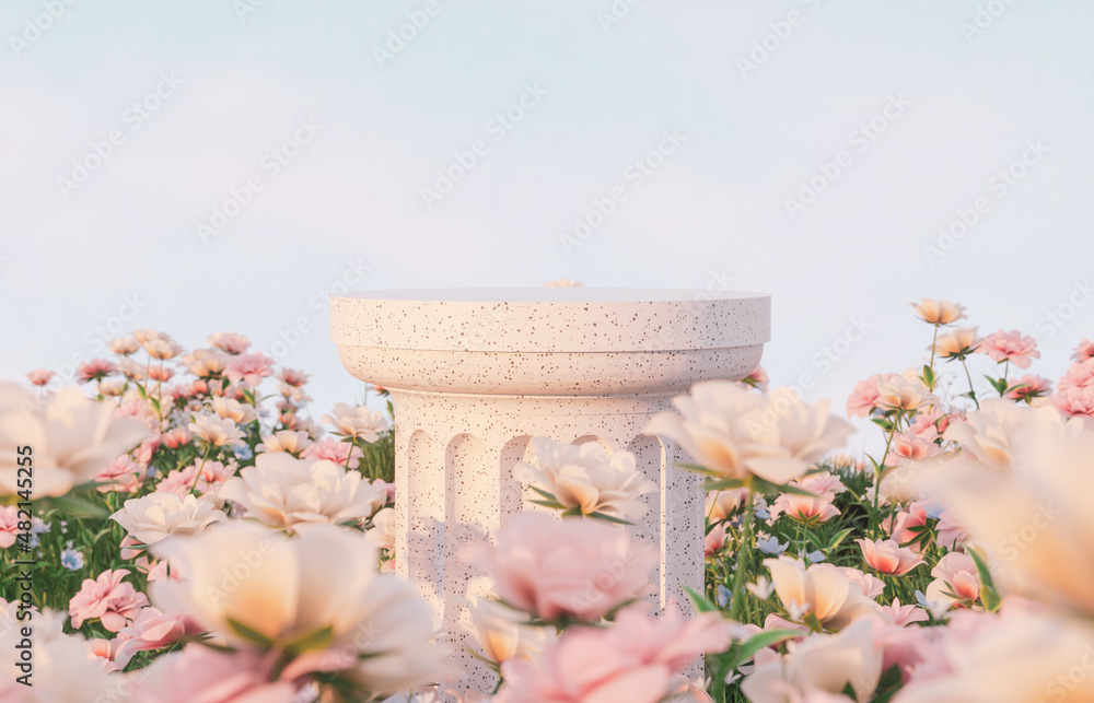Natural beauty podium backdrop with spring rose flower field scene. 3d ...