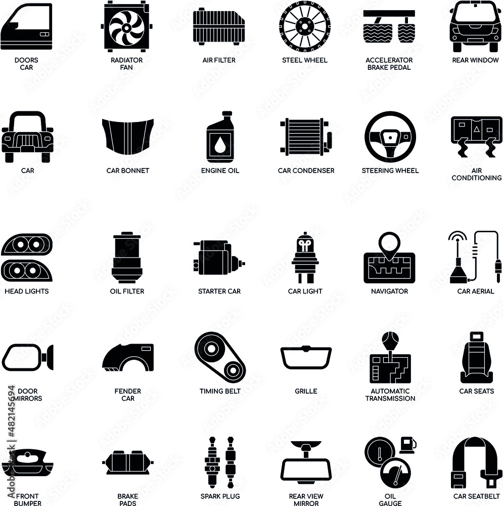 Car Parts black and white flat vector icon collection set Stock Vector ...