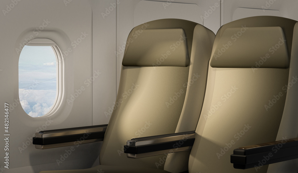 Aircraft window view with passenger seats on commercial airplane Stock ...