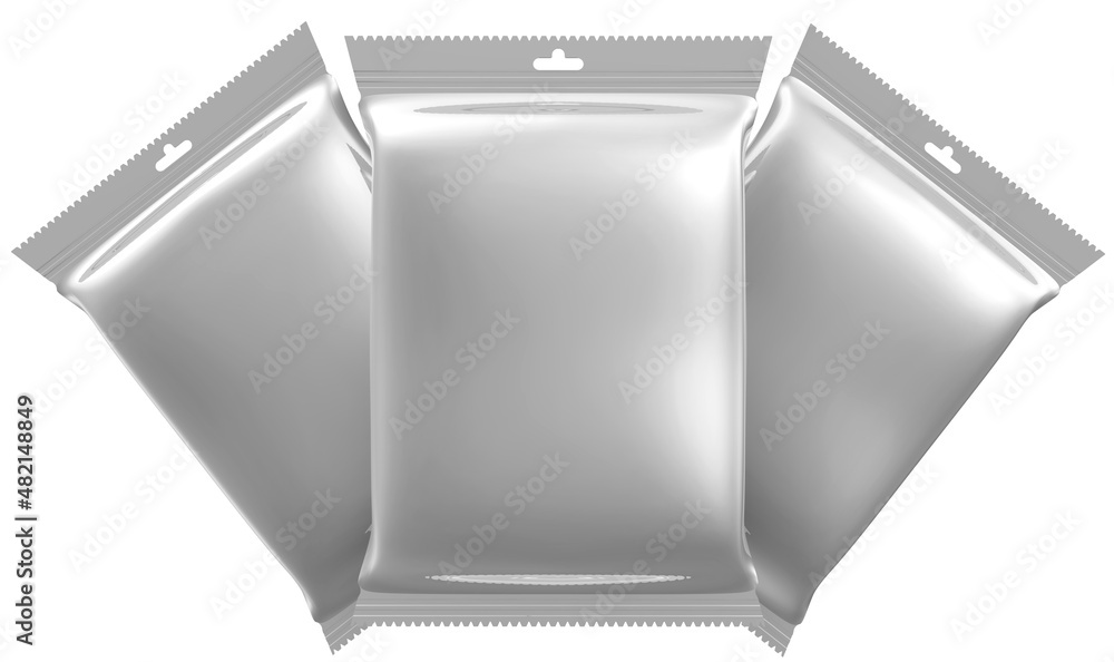 Flexible consumer packaging. Three sealed packages from a polymeric ...